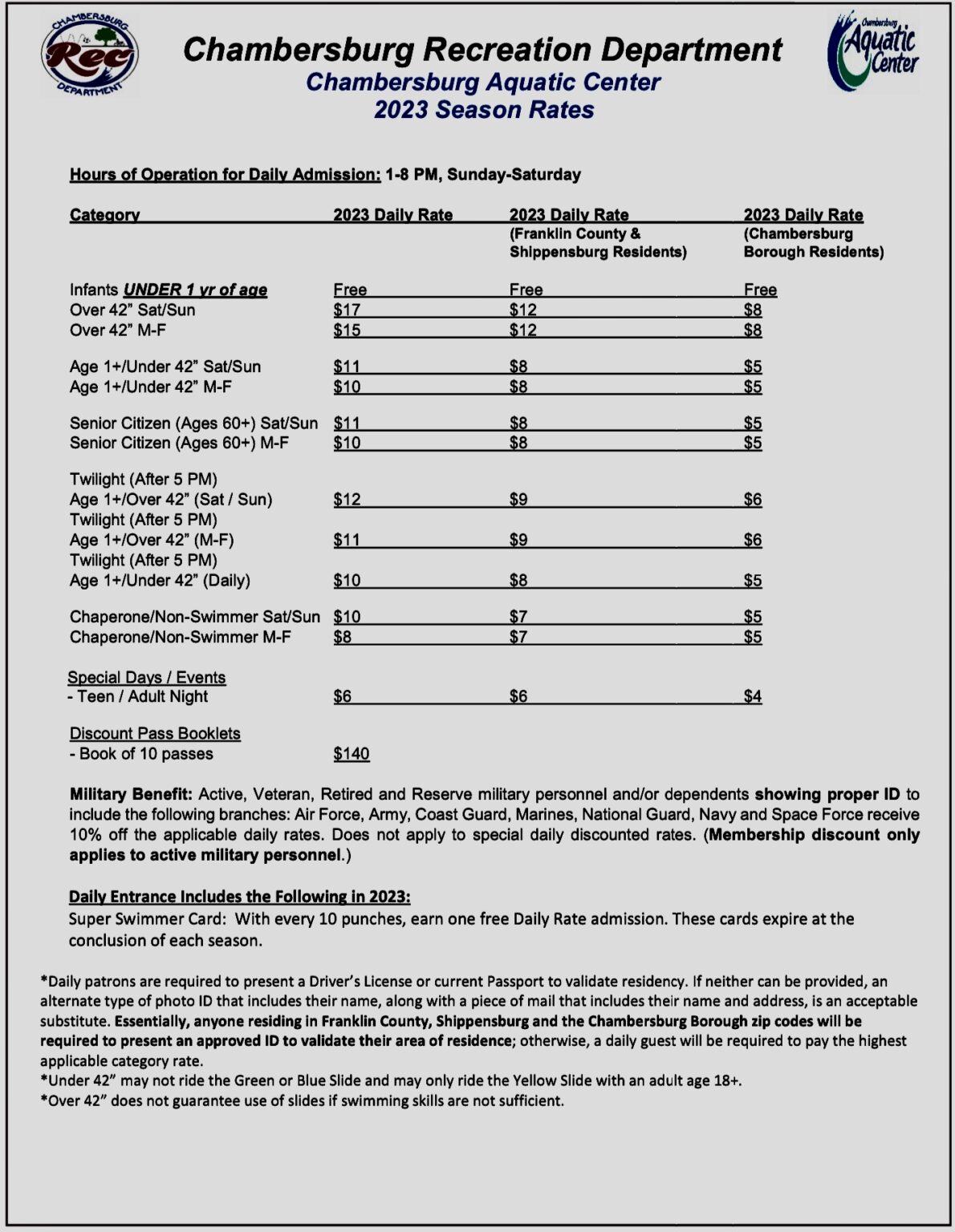 Chambersburg Aquatic Center 2023 Rates - SHIP SAVES