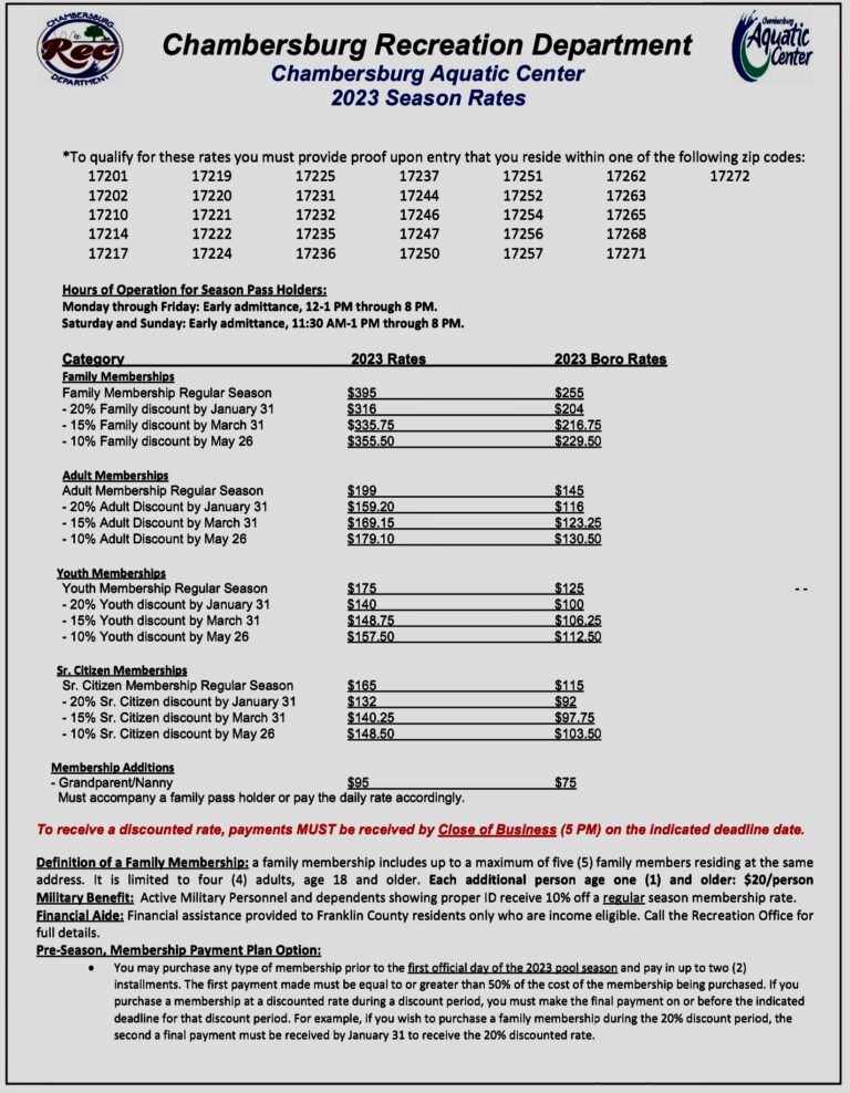 Chambersburg Aquatic Center 2023 Rates - SHIP SAVES